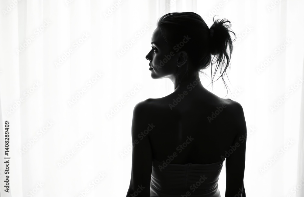 Black, white silhouette of woman. Side view of female figure with hair ...