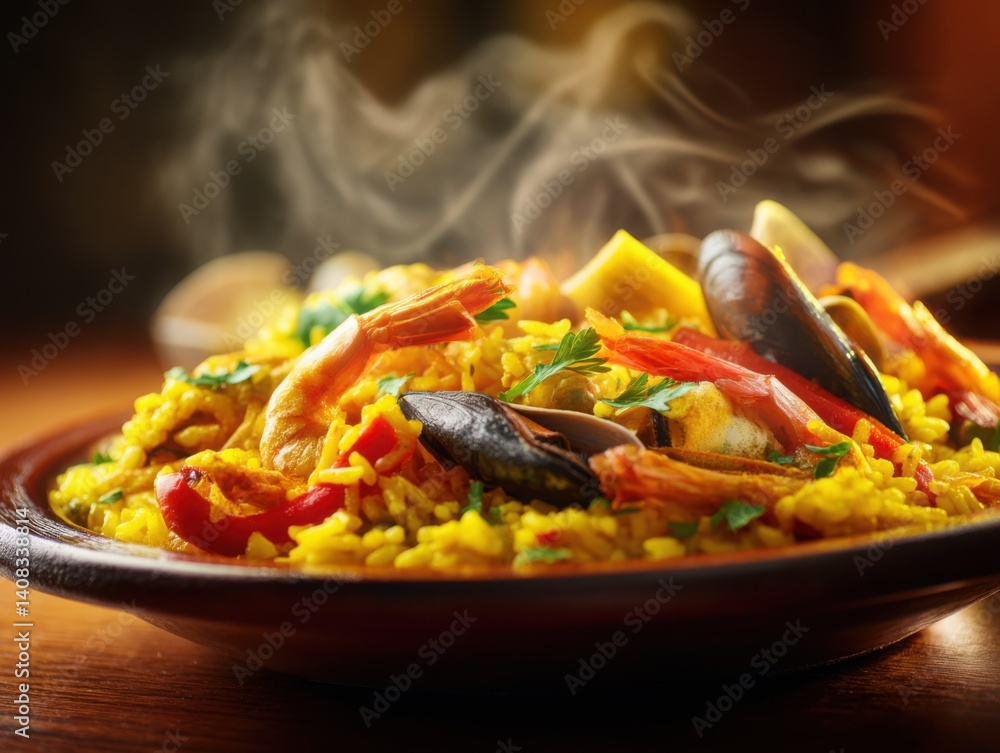 Steaming seafood paella on a rustic plate, representing Spanish cuisine ...