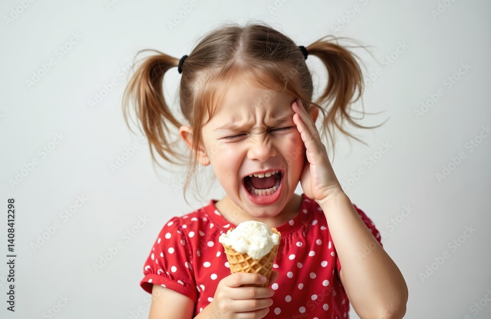 Little girl with toothache screams while eating ice cream. Child ...