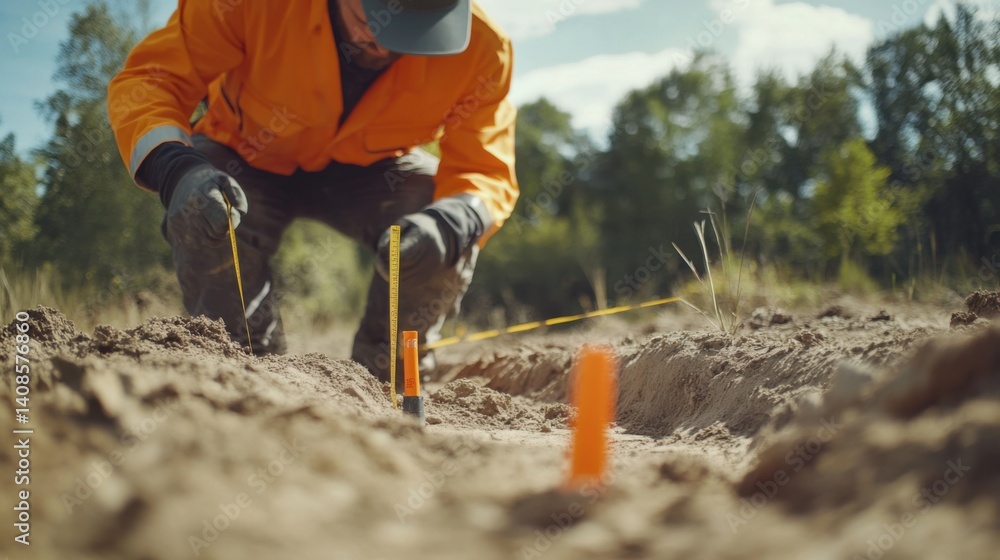Surveyor marking construction boundaries using flags and measuring tape ...