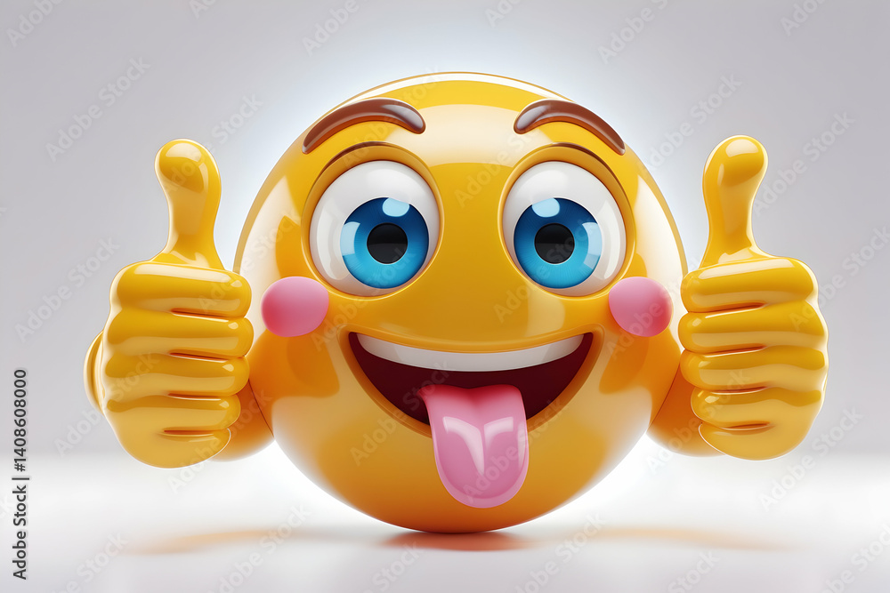 Cheerful 3D cartoon yellow smiley face emoji giving two thumbs up, big ...