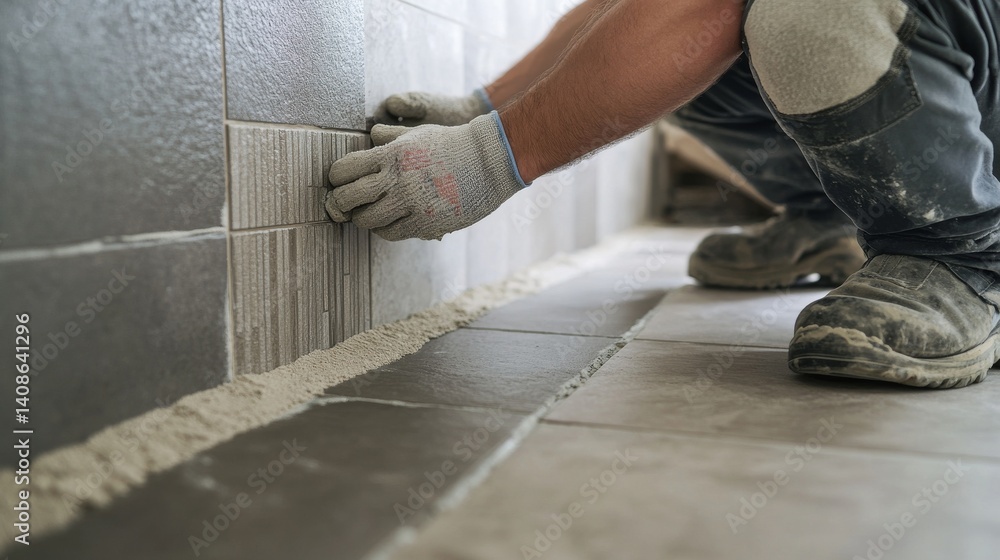 Tile installer aligning ceramic tiles on a bathroom wall. Featuring precision and durability ...