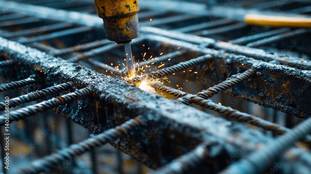 Steelworker welding reinforcement bars for a skyscraper foundation ...