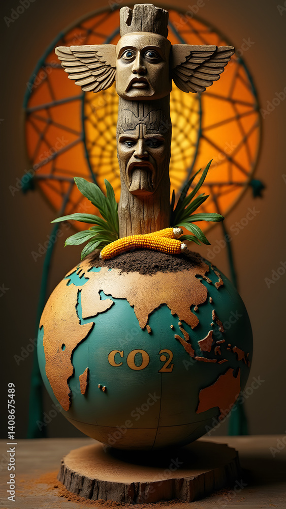 Totem pole balances Three Sisters plants vs CO2 mask on tribal Earth ...