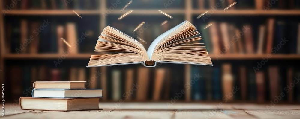 Books floating in the air in a literature and reading concept. An open ...