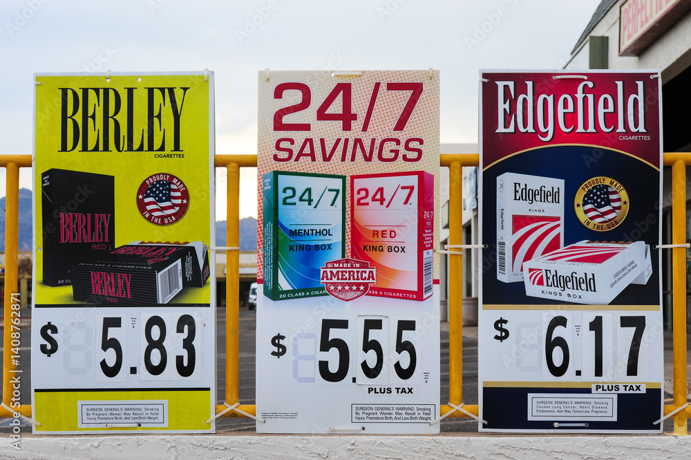 Posters advertise Berley, 24/7, and Edgefield cigarette brands with ...