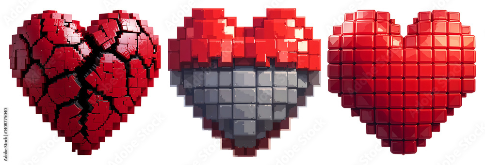 Pixelated Hearts in Red and Gray with Cracked and Glossy Textures on ...