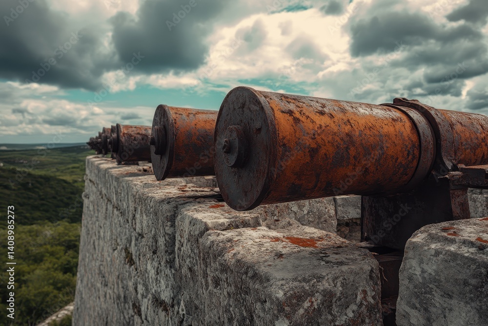 Old disused Gatling guns resting atop a crumbling stone wall in a ...