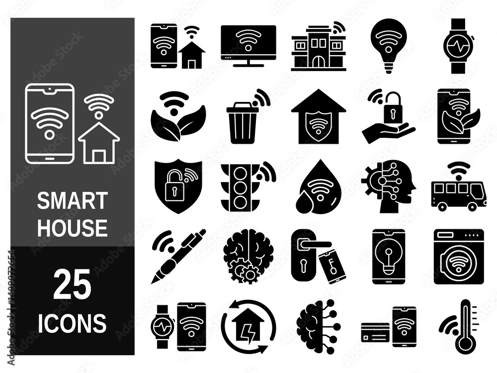 Collection of smart house linear icons - control of lighting, heating ...