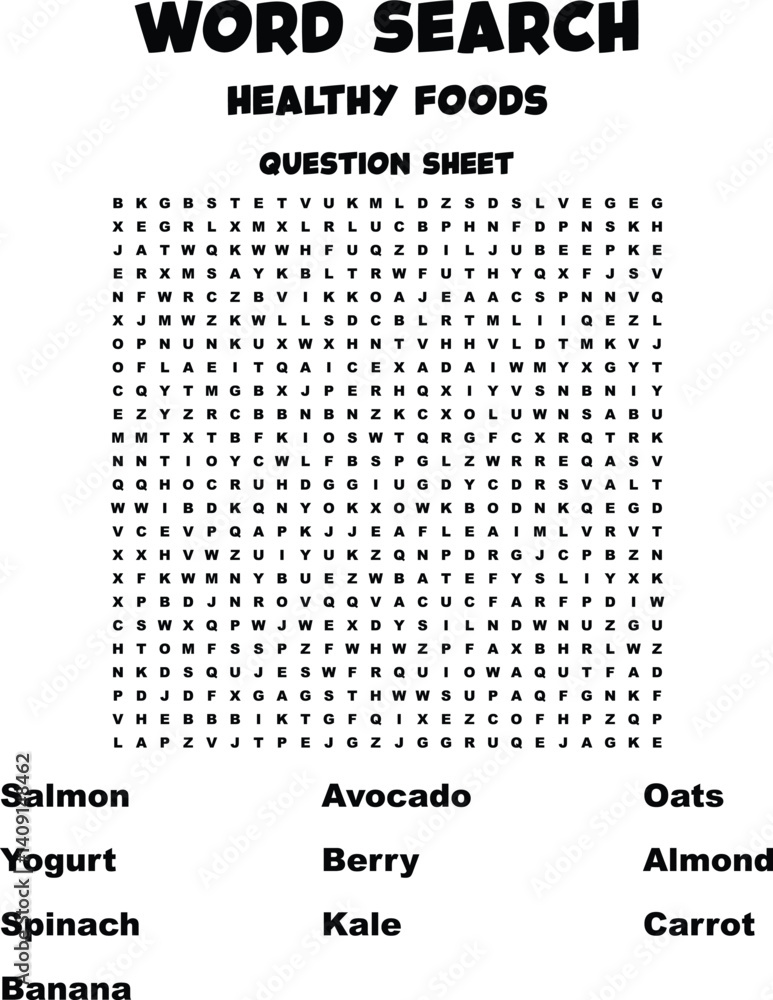 Healthy Foods Word Search Puzzle Question Sheet for Kids Stock Vector ...