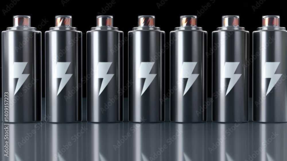 Row of battery cells with lightning signs shows energy charge and power ...
