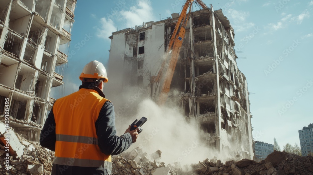 Demolition specialist overseeing controlled building collapse ...