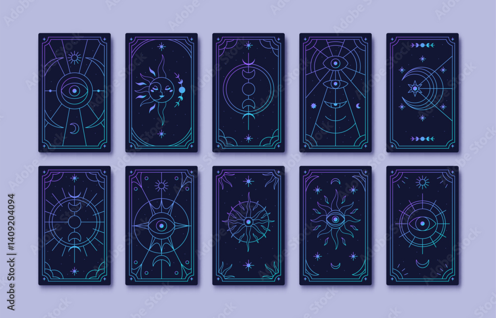 Tarot card back design with celestial symbols, crescent moon, sun ...