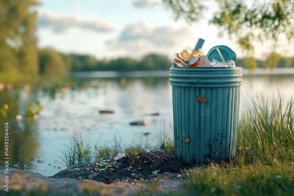 Overfilled waste bin by a lake, overflowing with discarded trash. Stock ...
