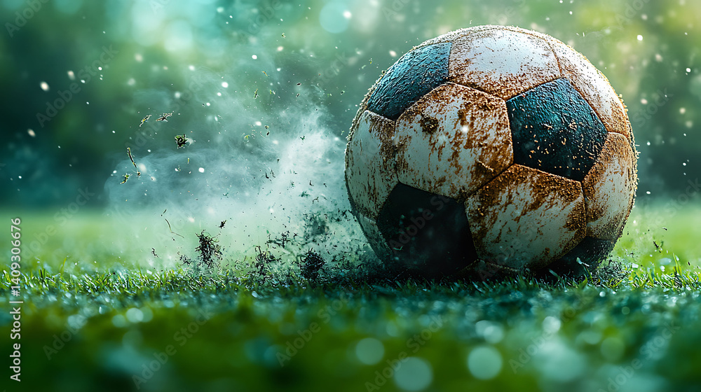 Soccer Ball Impact On Grass Field With A Burst Of Motion And Dust Stock ...
