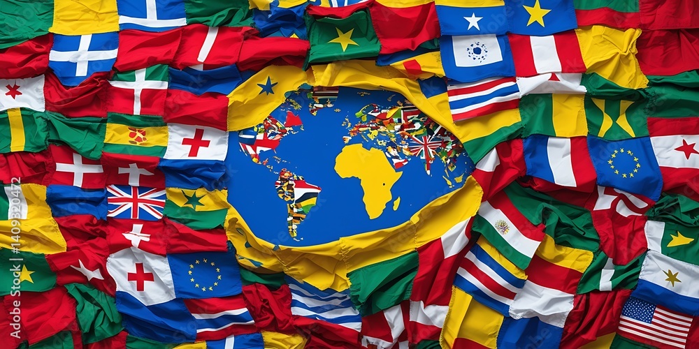 World map in the center of many national flags representing global ...