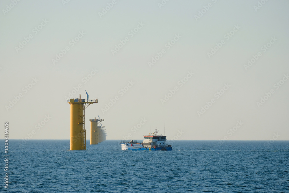 Offshore Wind Farm Construction With Crew Transfer Vessel and Yellow ...