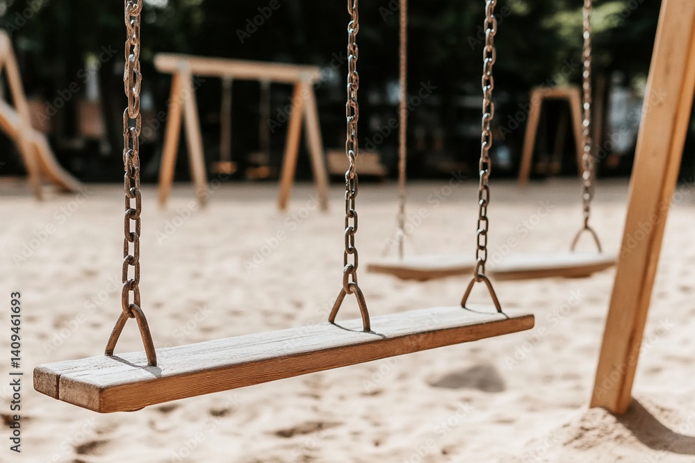 Rusty swings in a deserted playground evoking feelings of chaos and ...