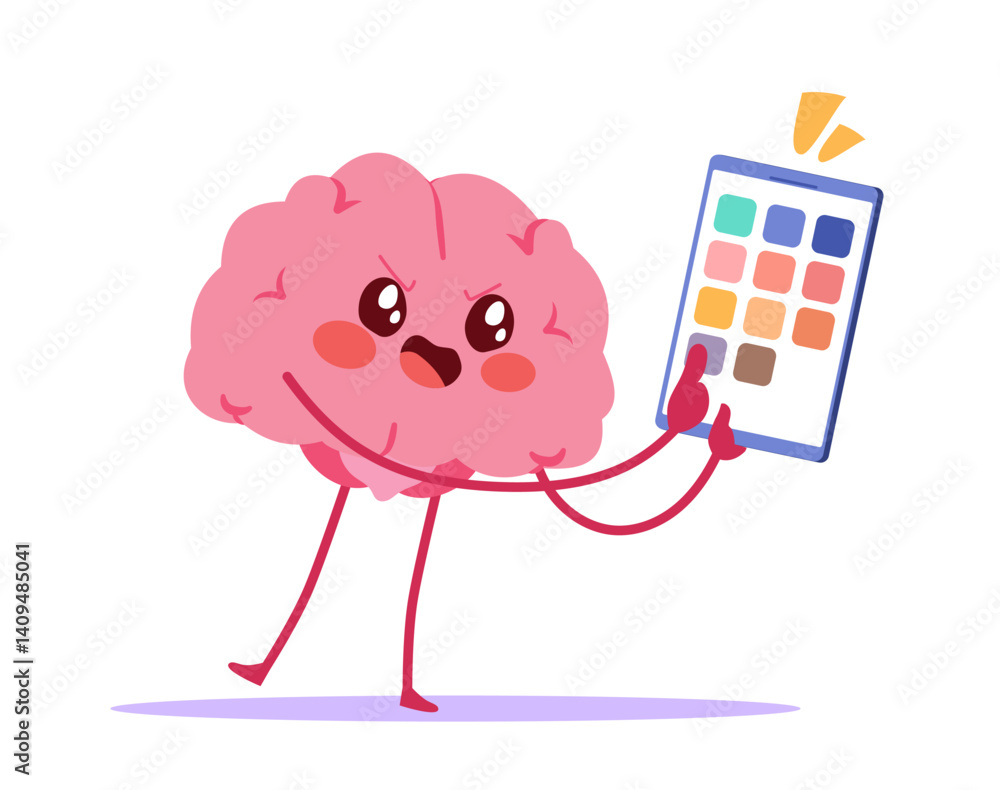 Cartoon vector of a brain character looking captivated by a smartphone ...