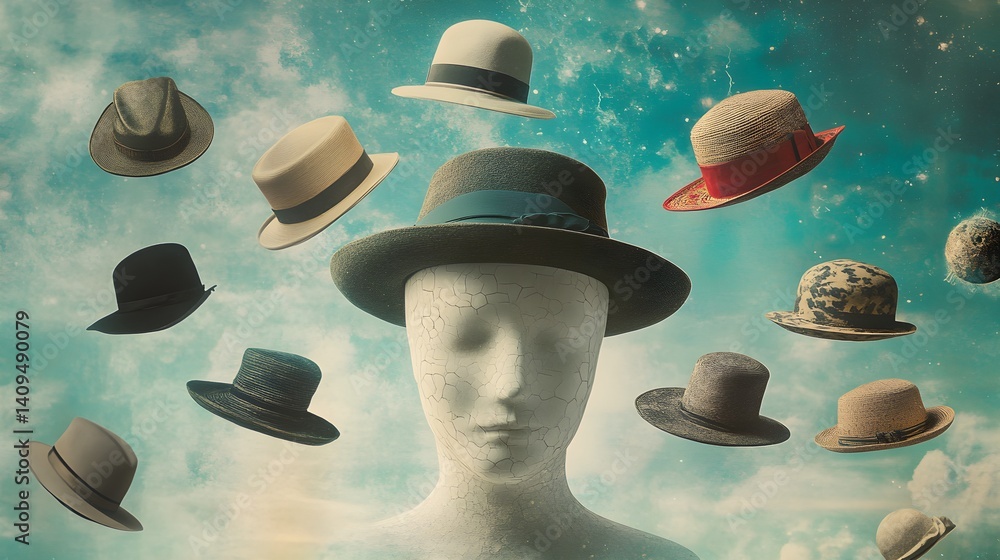 Surreal collage: different types of hats orbiting around a floating ...