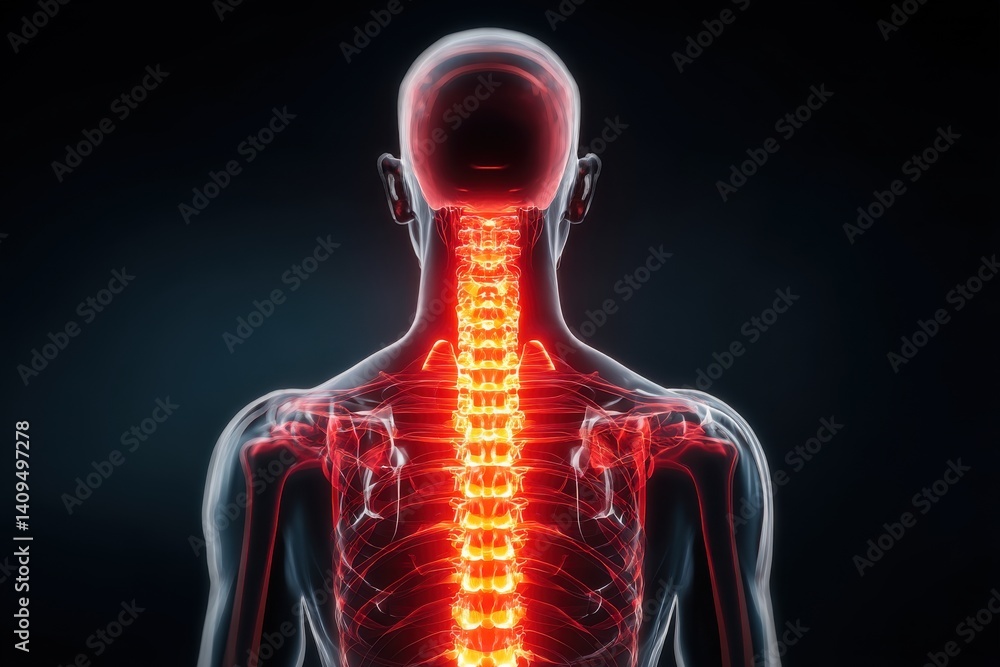 Anatomy of human cervical spine and skeletal structure, depicting back ...
