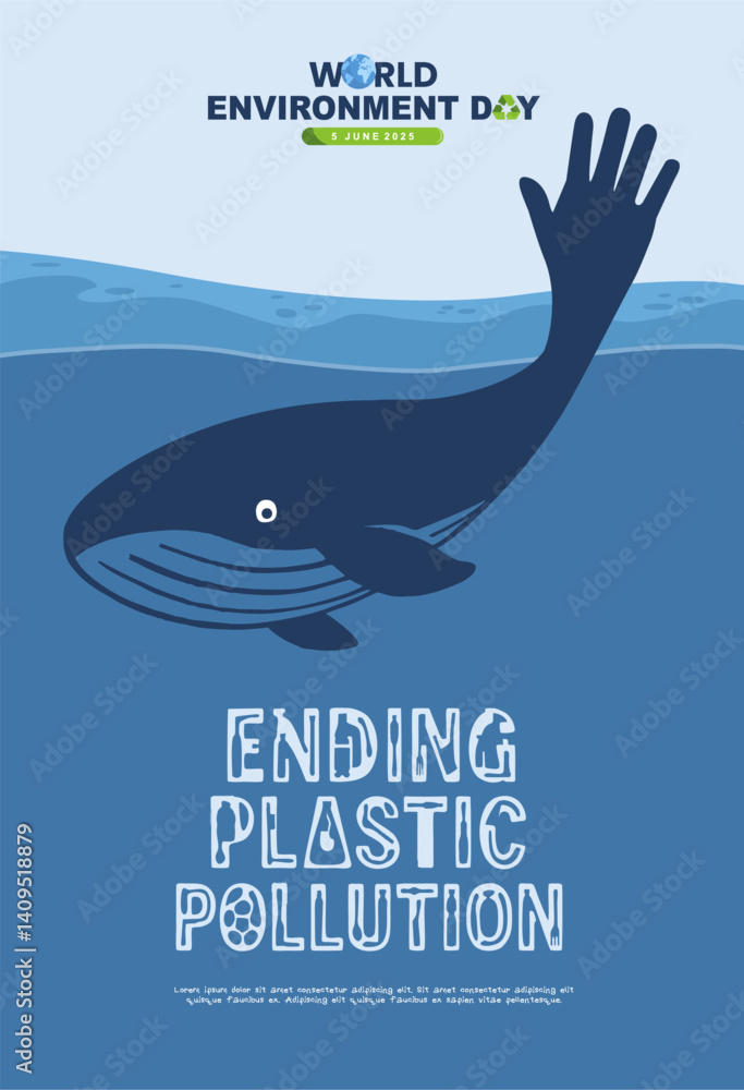 World environment day 2025 design. Whale rising hand for help agains ...