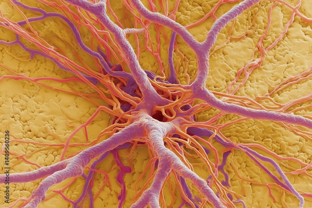 Extreme close-up microscopic view of blood vessels radiating from the ...