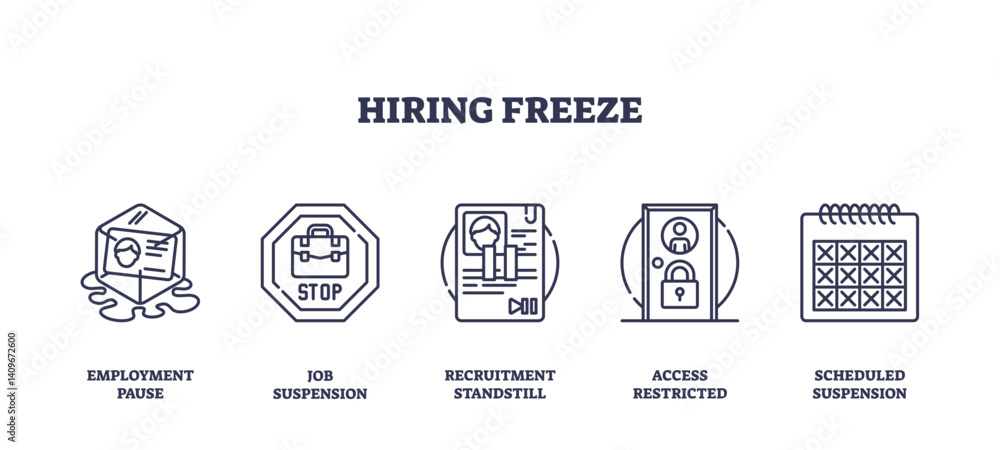 Hiring freeze icons outline depict employment pause, job suspension ...