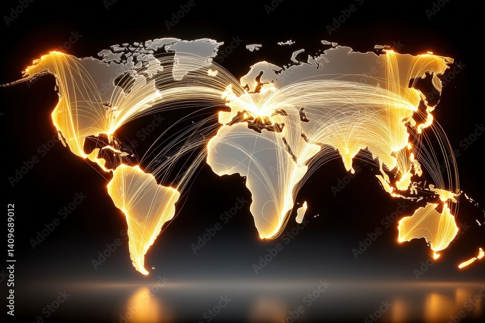 World map with glowing connections illustrating global networking ...