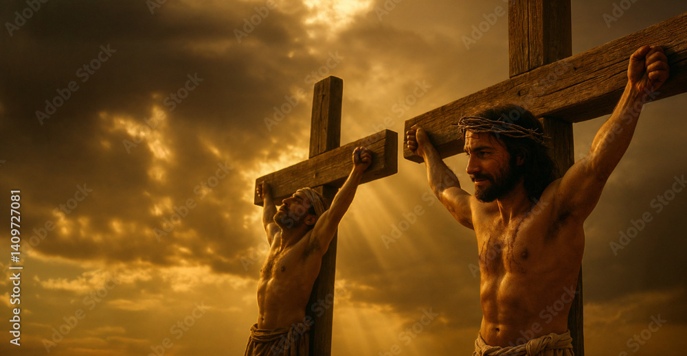 Biblical depiction of Jesus crucified alongside the good thief who ...