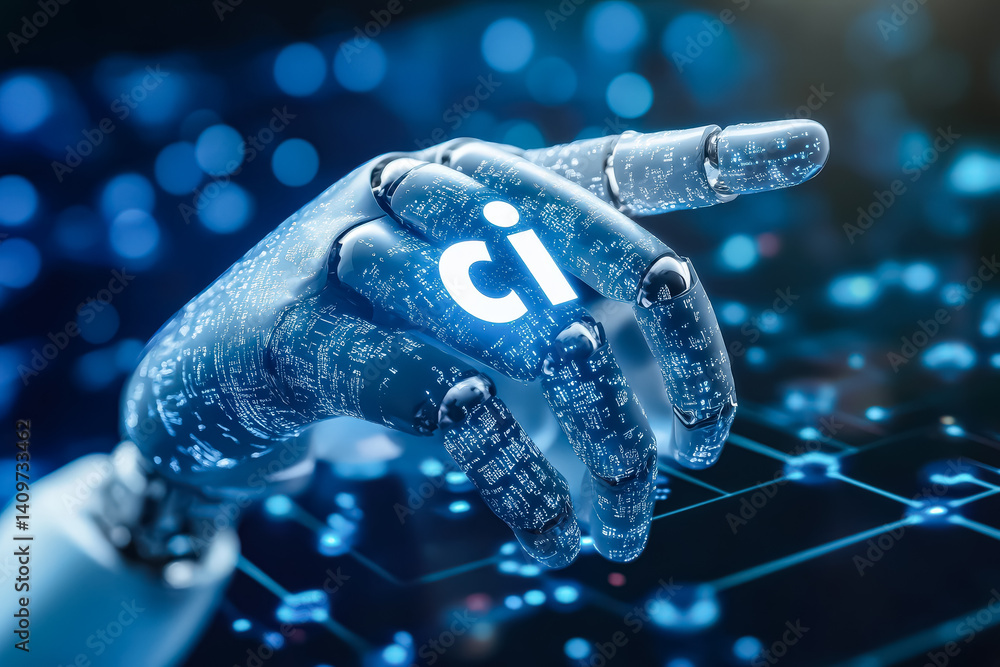Robotic hand is pointing to the letter C, which is displayed in white ...