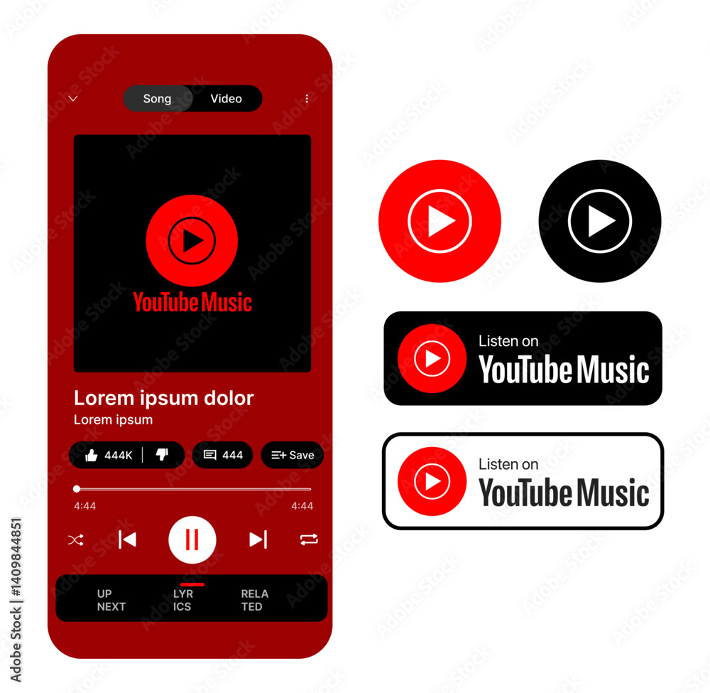 Vektor youtube music interface template. listen on youtube music badge ...