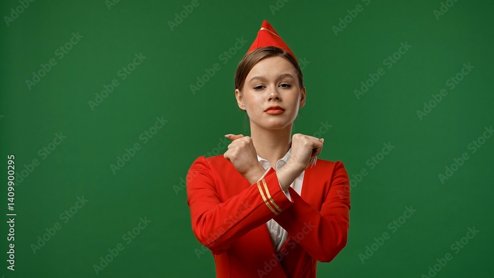 Woman dressed as stewardess air hostess in red uniform shows no stop ...