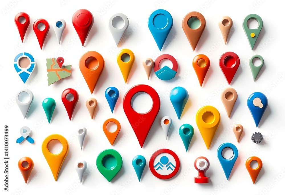Collection of diverse map pin icons, various styles and colors ...