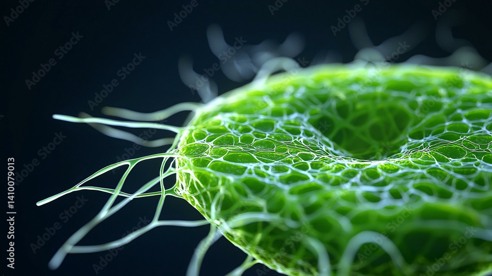 Magnified algae culture showing chloroplast activity and lipid ...