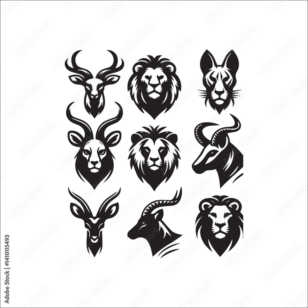 Collection of Wild Animal Heads in Monochrome Style. A set of black and ...