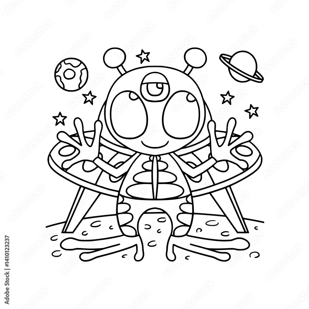 Space Octopus or Alien Monster Coloring Page – Cartoon Grayscale for ...