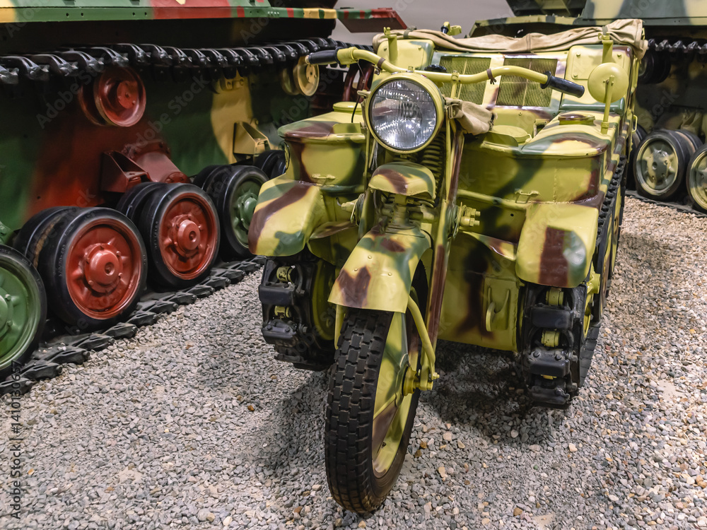 German motorcycle on tracks from the Second World War. A semi-tracked ...