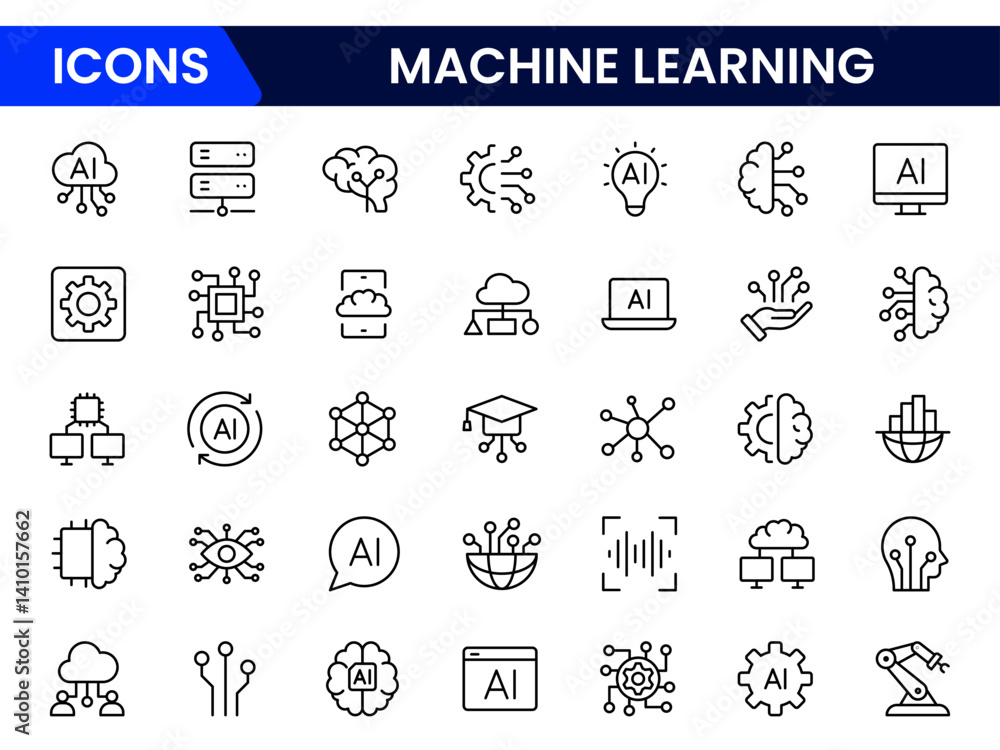 Artificial intelligence set of web icons inline style. AI technology ...