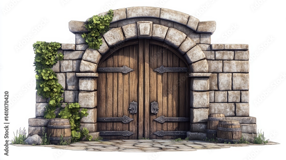 Watercolor 3D Medieval Castle Gate Entrance - Ancient stone gateway ...