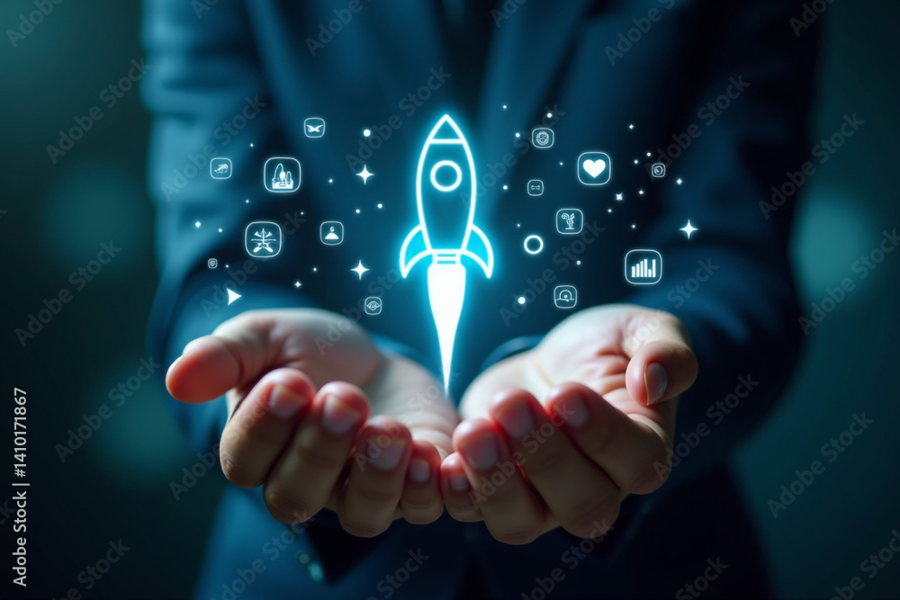 Entrepreneurship launch rocket start flying up and network line ...