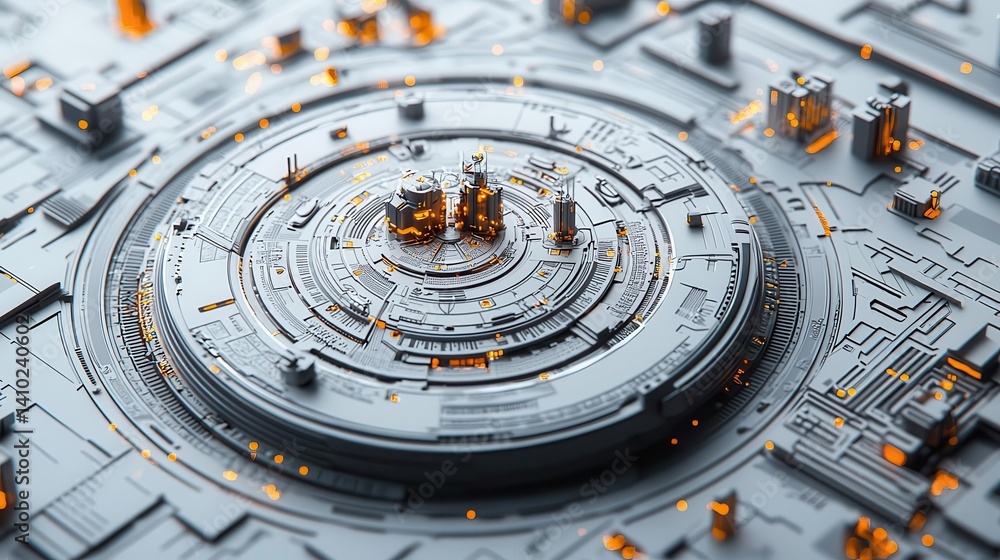 Crosssectional technical drawing of a circular space city, emphasizing ...
