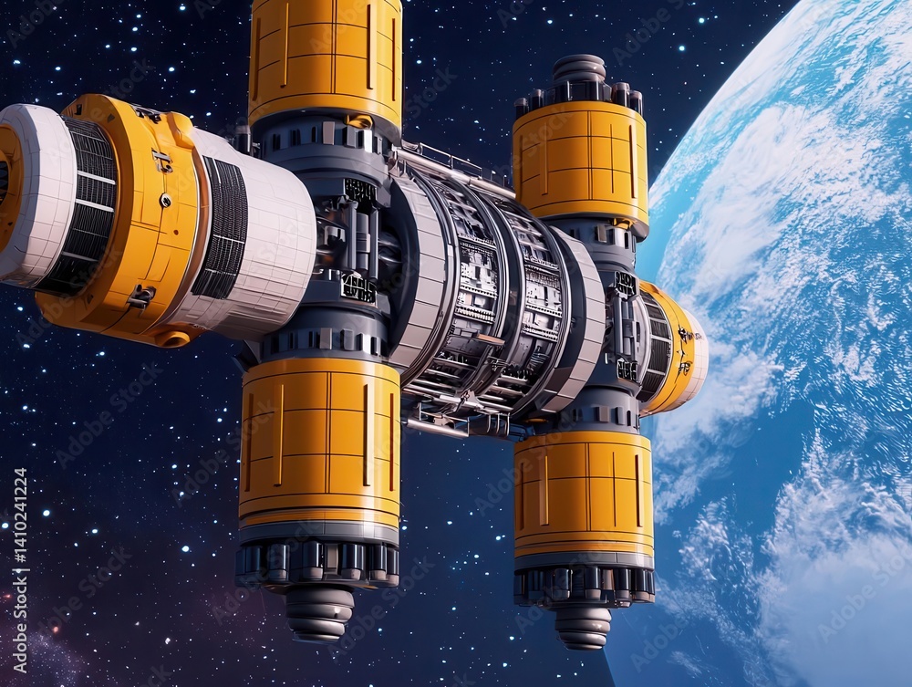 Exploded schematic of a space elevator hub city, featuring tethered ...