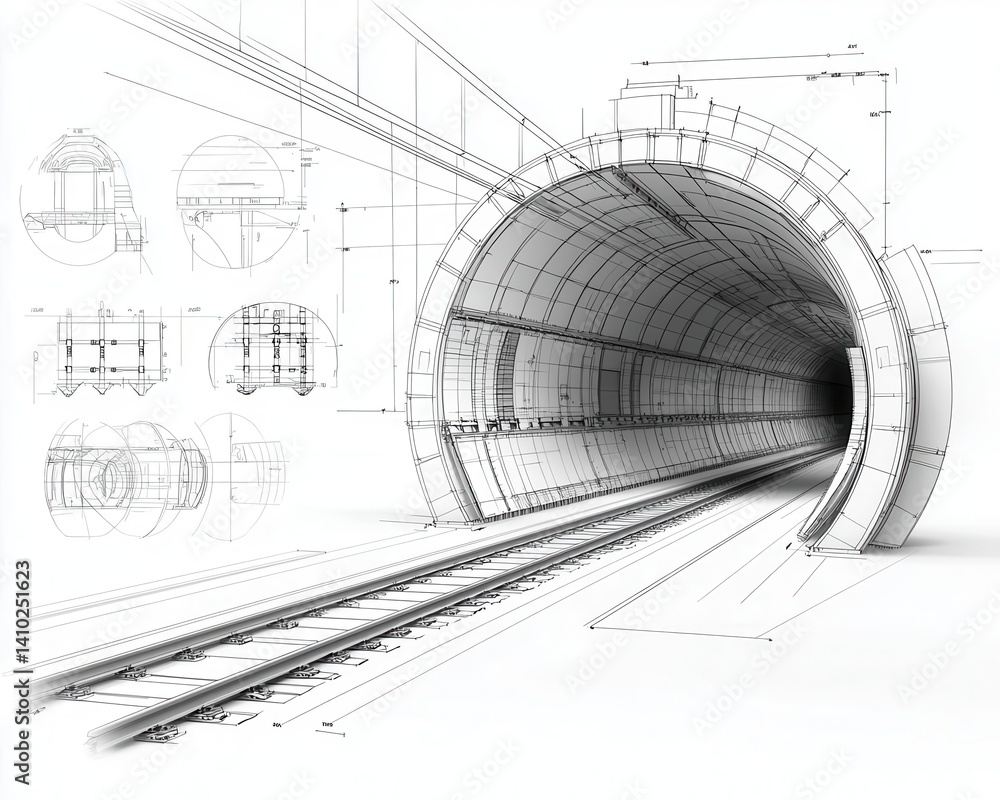 Crosssectional technical drawing of a railway tunnel, showcasing tracks ...