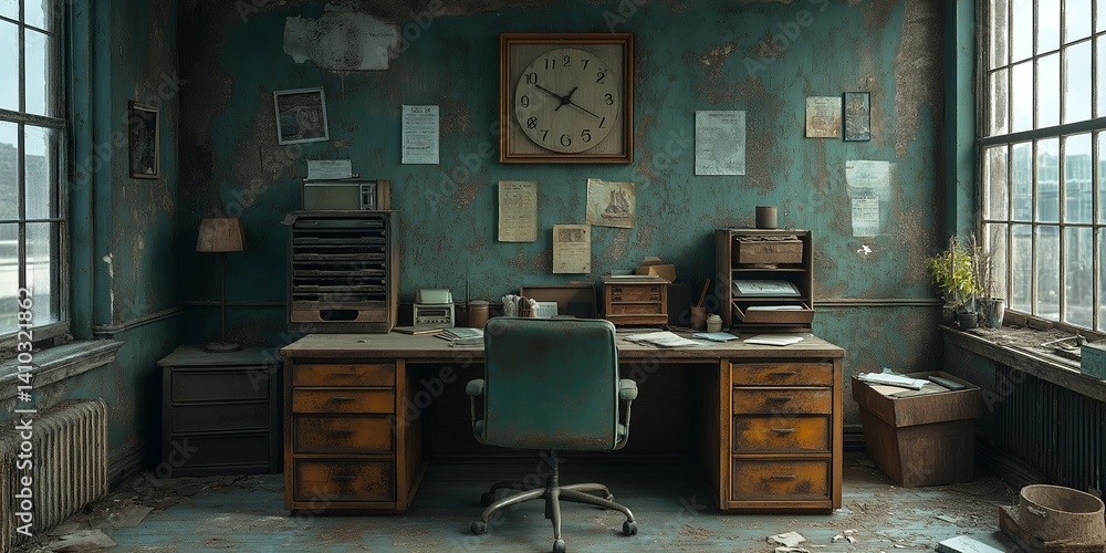 Old poor office background with worn-out furniture and vintage decor ...