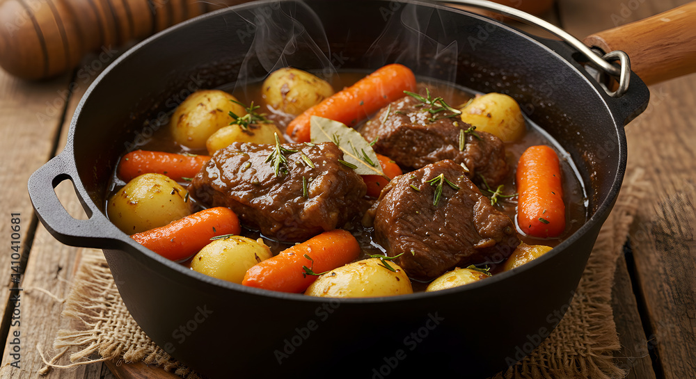 Steaming Beef Stew with Root Vegetables Served in a Black Iron Pot ...