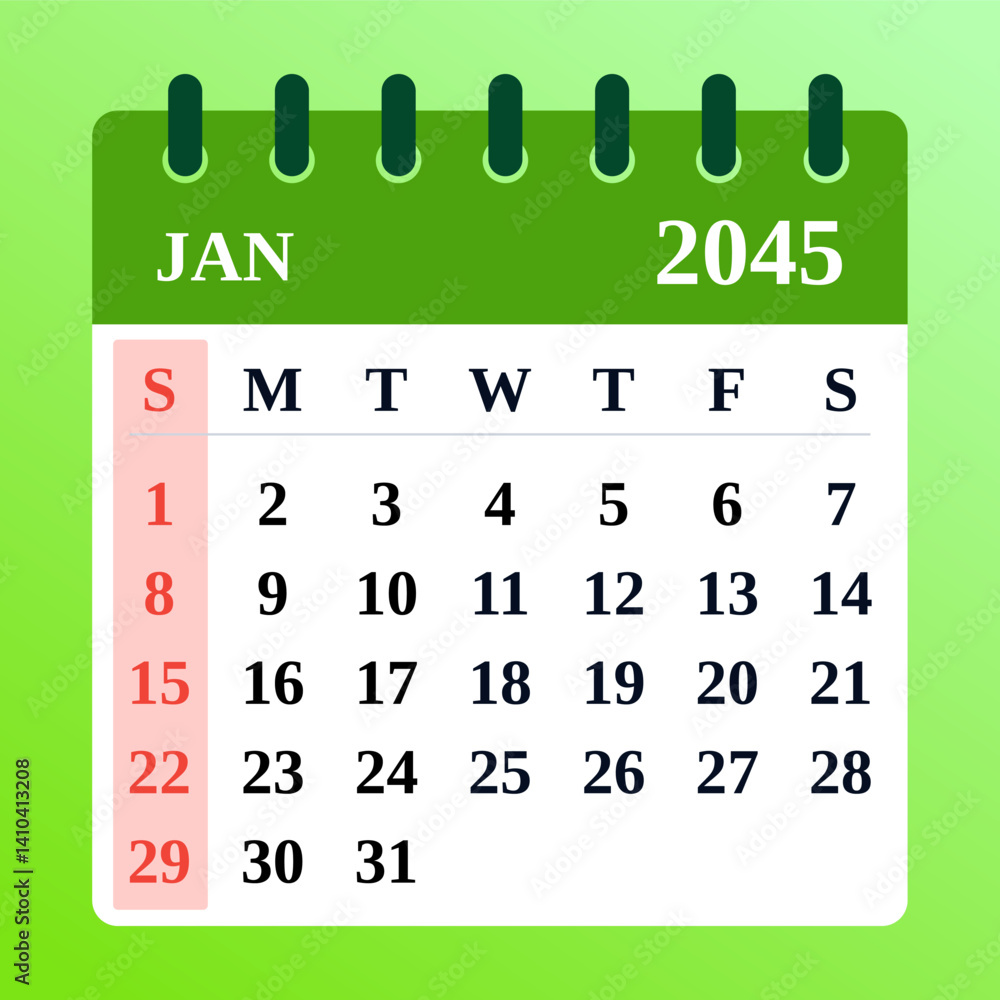 January 2045 Calendar Vector. Flat Monthly Planner Template. Clean ...