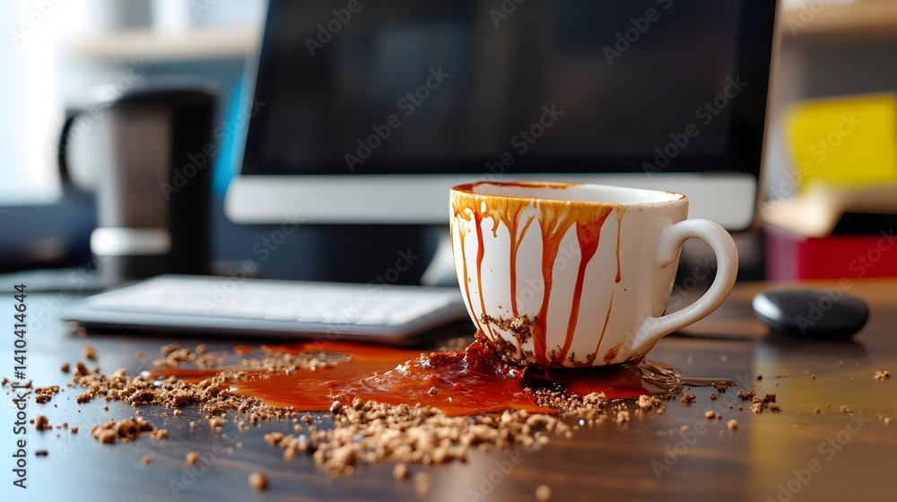 Spilled Coffee Cup on Desk: A mishap in the workspace with a spilled ...