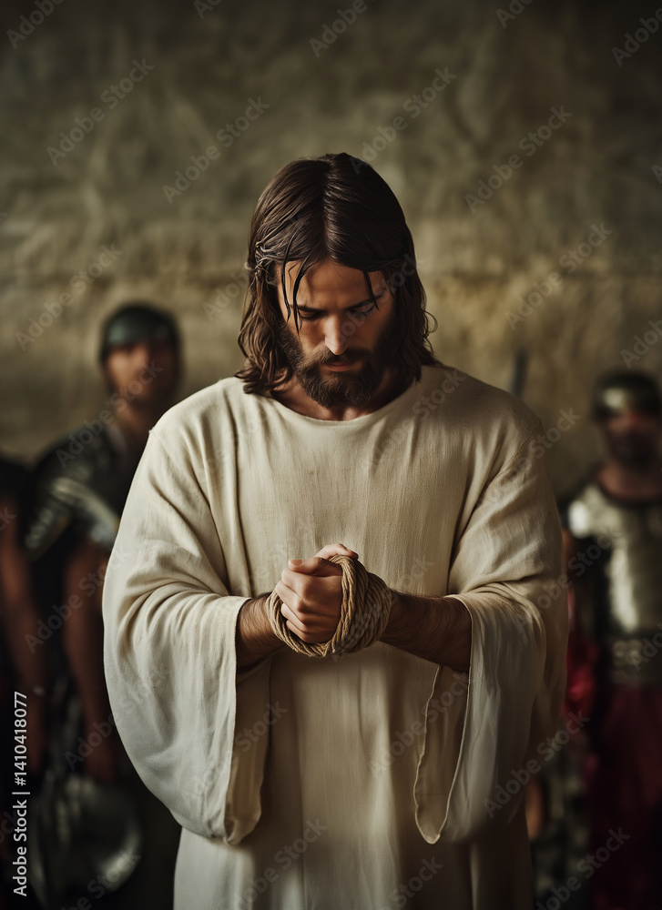 Jesus Christ praying and being arrested by soldiers on Holy Thursday ...