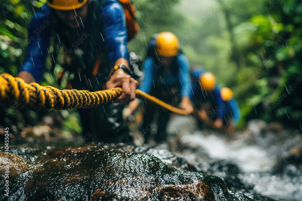 Rappelling adventure: teamwork in rain through a lush jungle canyon ...